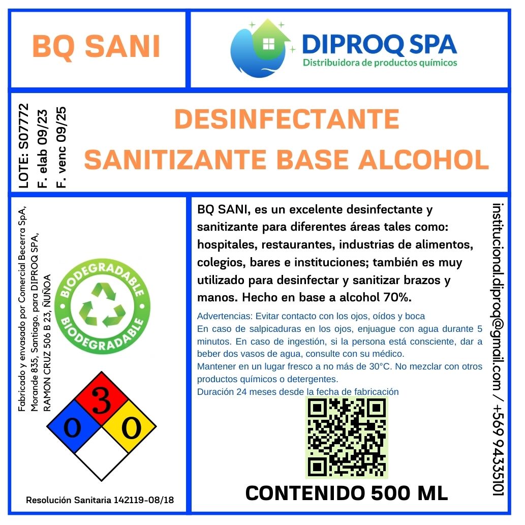 BQ SANI DESINFECTANTE SANITIZANTE BASE ALCOHOL 500 ML