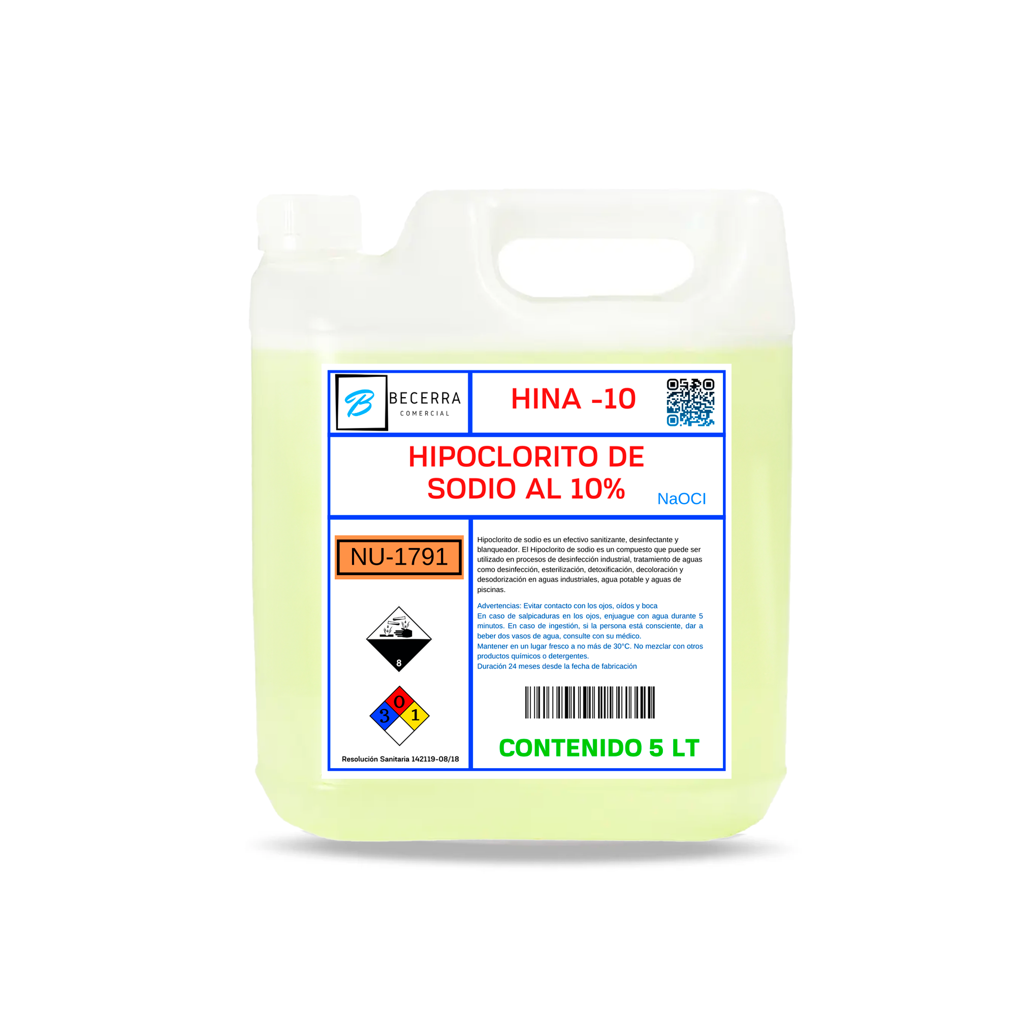 Hipoclorito de Sodio 10% 5 LT - Desinfectante Potente